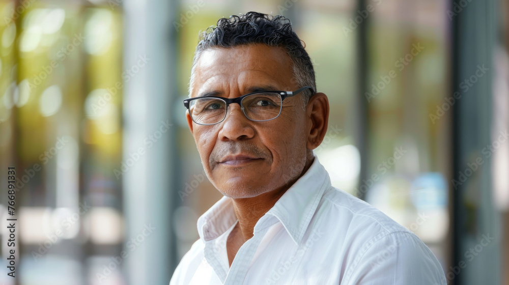 Handsome 45 years old gentle aboriginal Australian man, wearing glasses ...