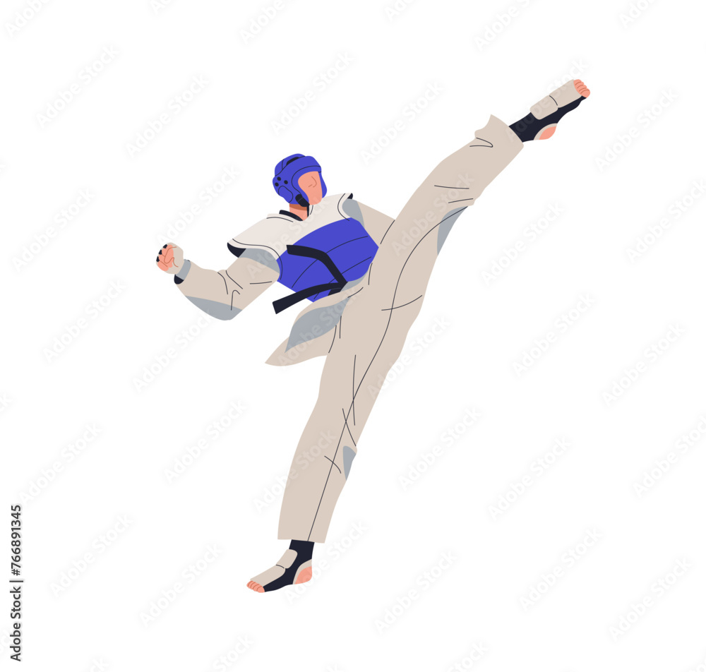Taekwondo fighter. Korean tae-kwon-do wrestler in action, motion ...