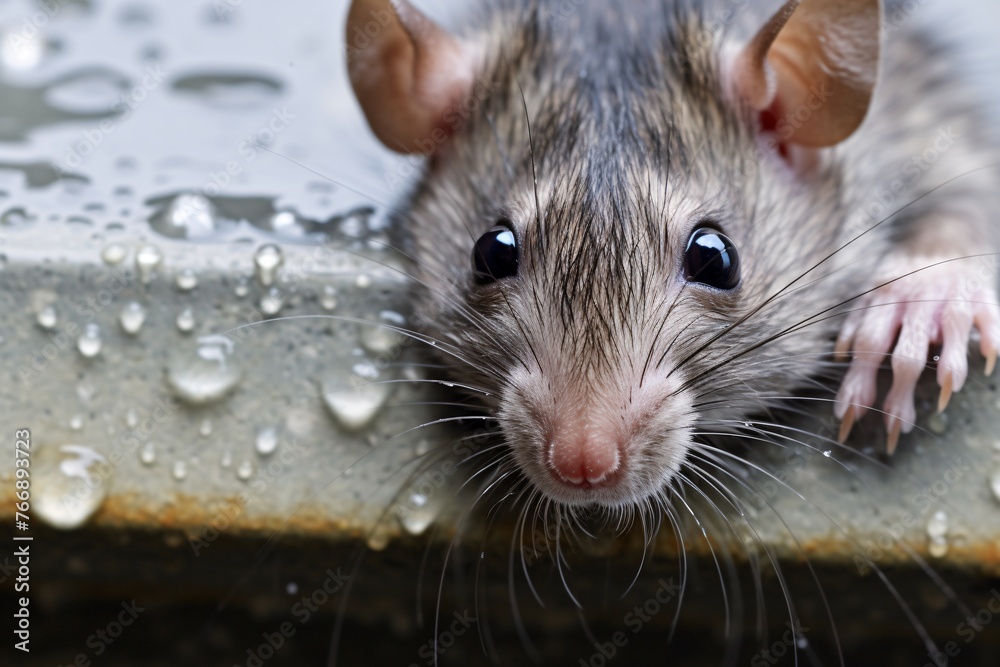 Detailed view of a rat climbing up a drainpipe, indicating potential ...