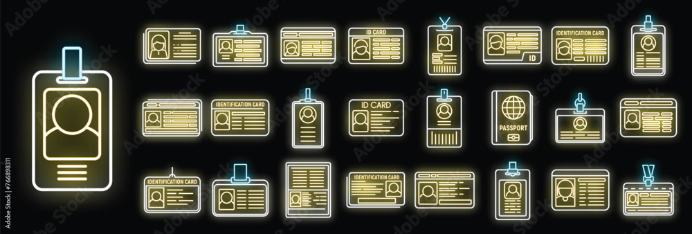 Id card icons set outline vector. Tag name. Template pass neon color on ...
