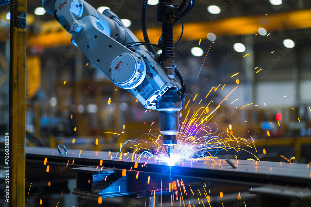 Industrial robot working on factory assembly line, 3D rendering of ...