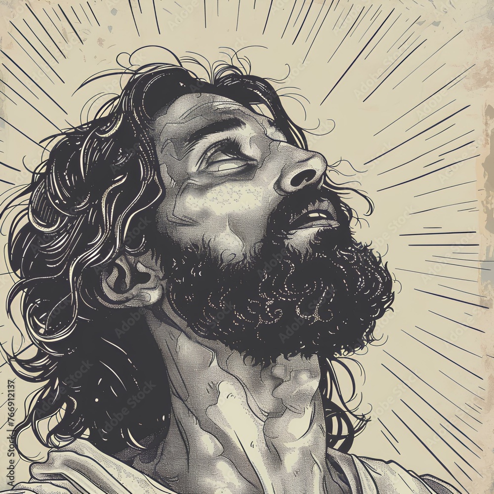 Portrait of Jesus watching distance , doodle color illustration ...