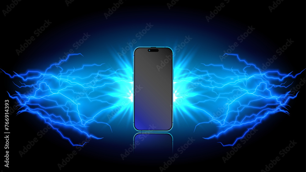 Lightning strikes a smartphone. Glowing blue lightning bolt with ...