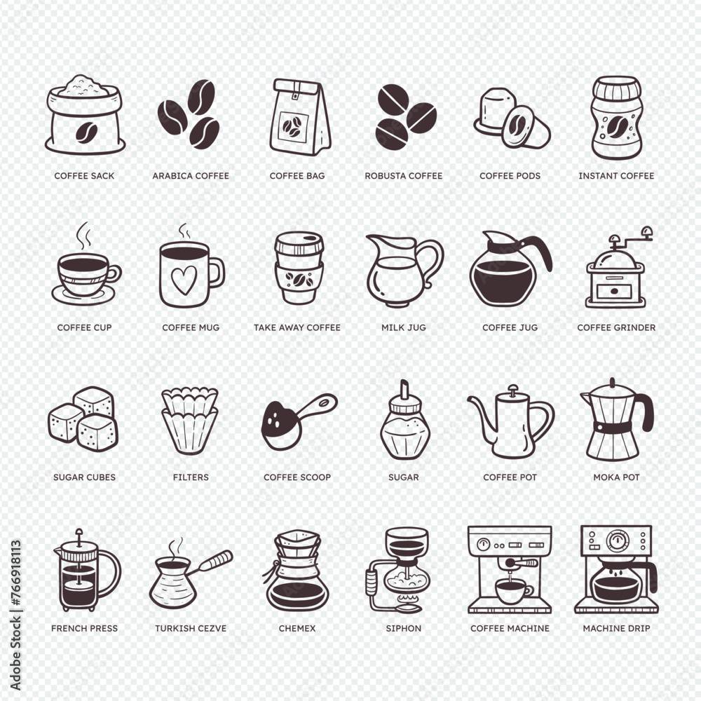 Hand-drawn coffee icons, coffee machines, and essential resources ...