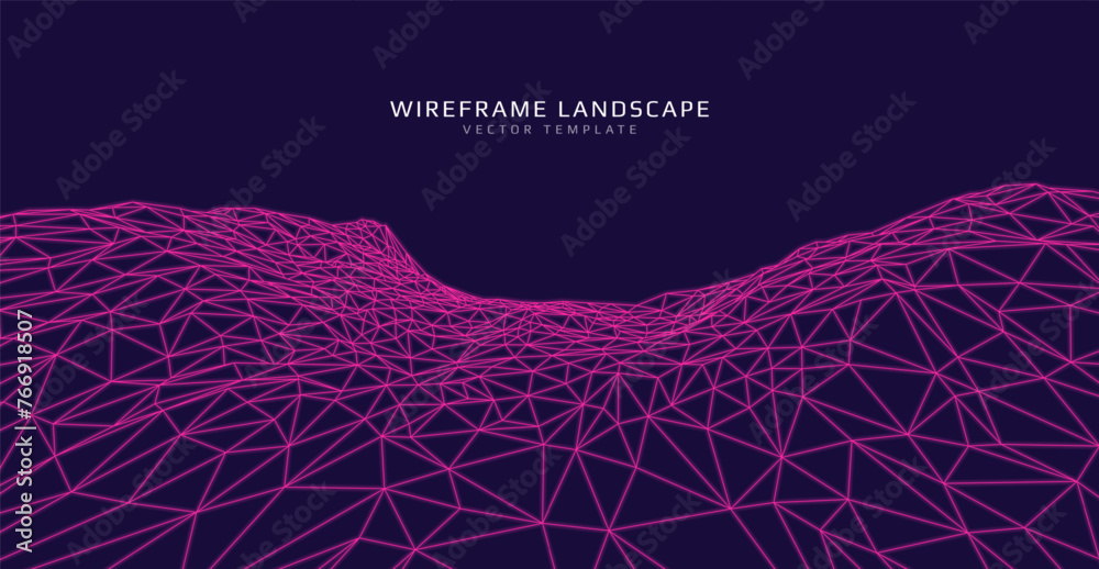Wireframe landscape. Futuristic 3d mesh background. Digital polygonal ...