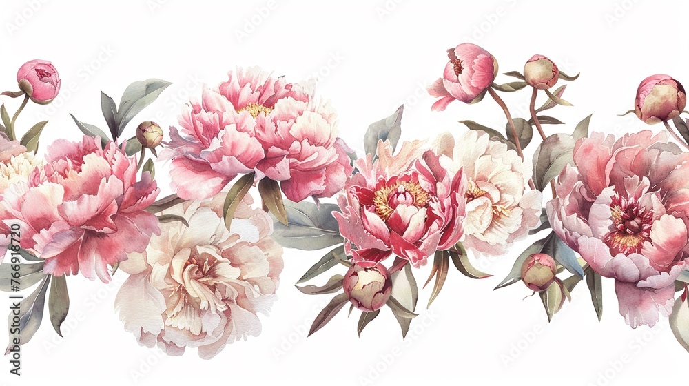Elegant Peony Floral Border watercolor clipart, featuring blooming ...