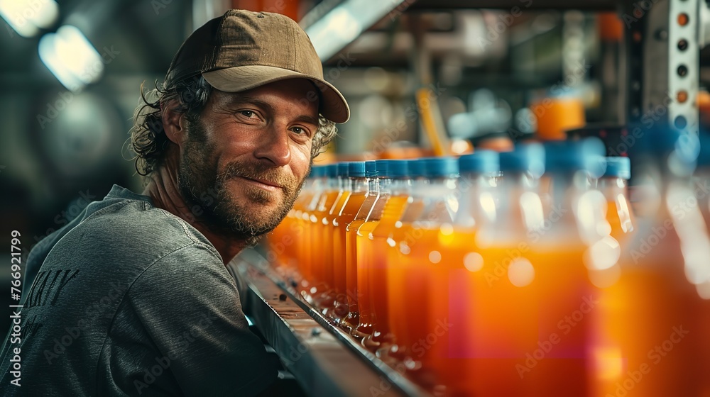 Employee laboring over a fruit juice beverage product conveyor belt in ...