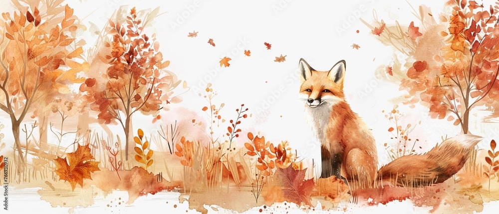Cozy watercolor autumn scene with a red fox, clipart isolated, for a ...