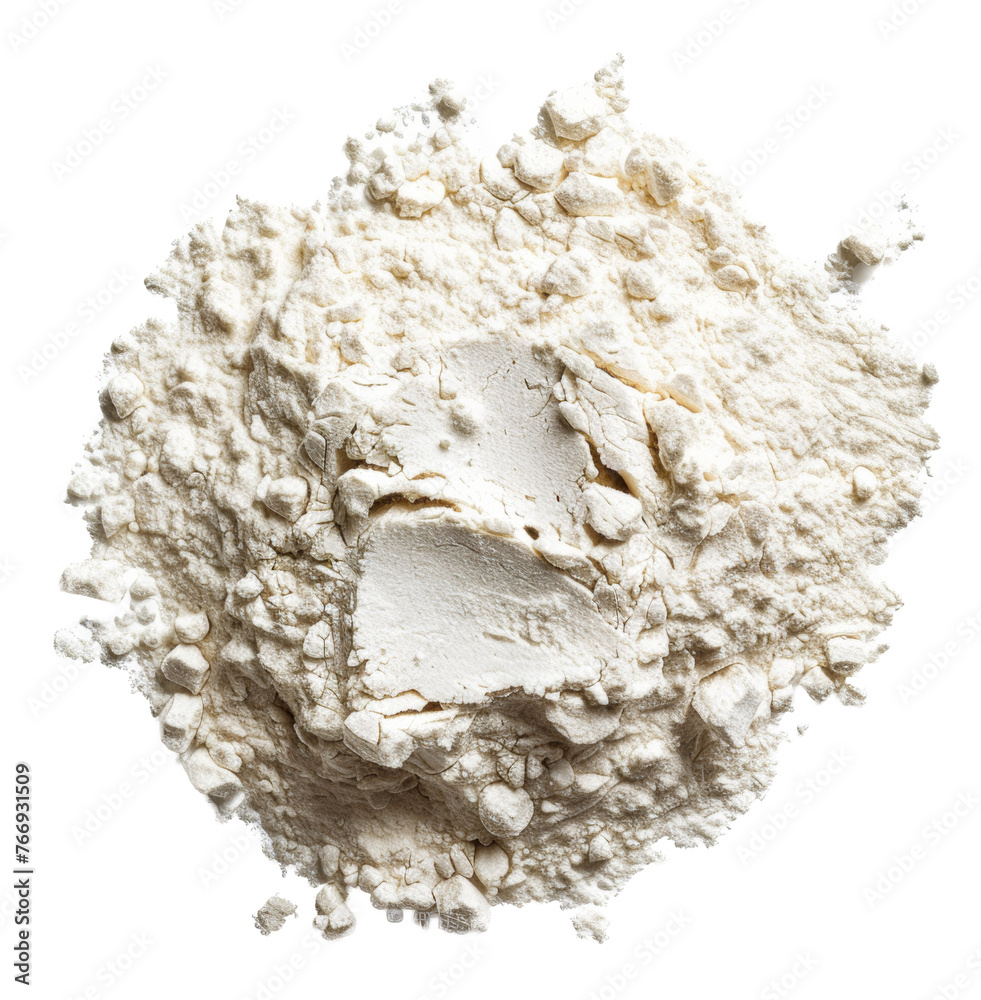 Heap of white baking flour with texture details on transparent ...
