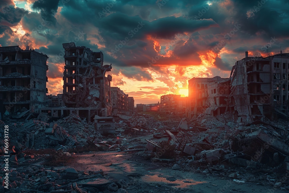 after war destroyed city, buildings collapsed and rubble on the ground ...
