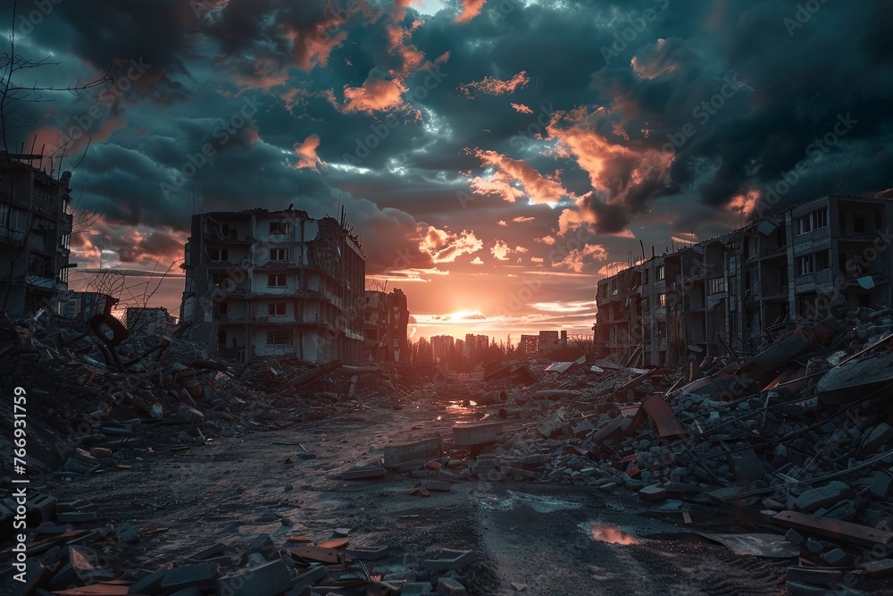 after war destroyed city, buildings collapsed and rubble on the ground ...