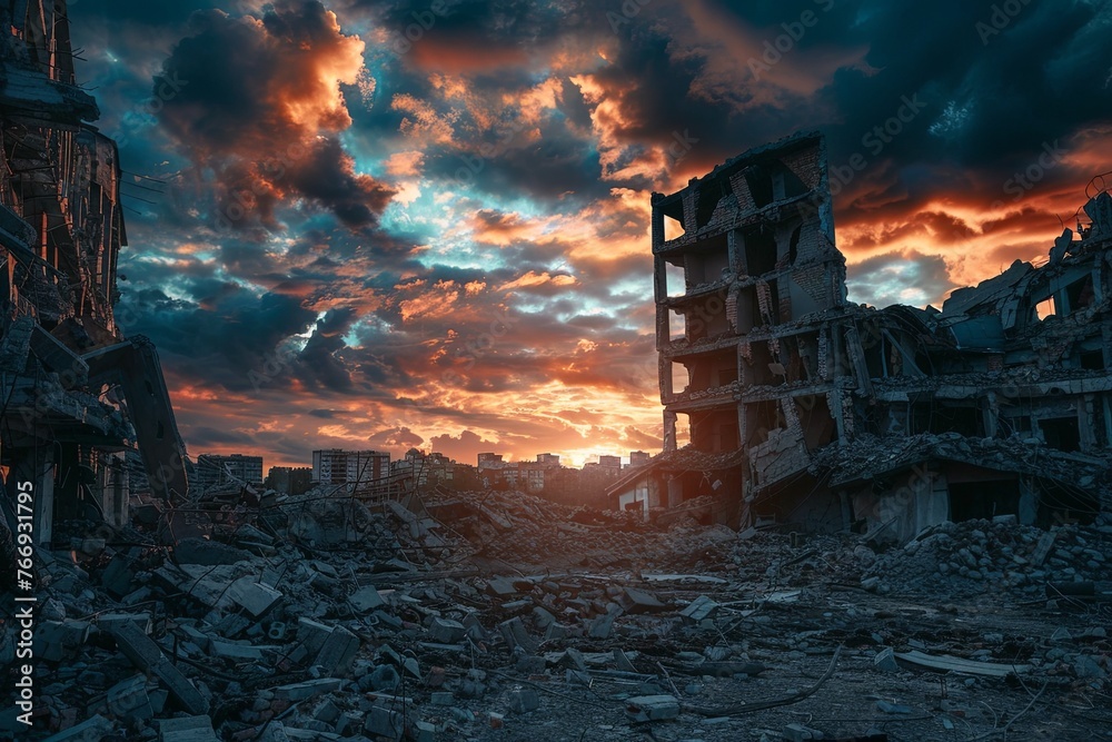 after war destroyed city, buildings collapsed and rubble on the ground ...