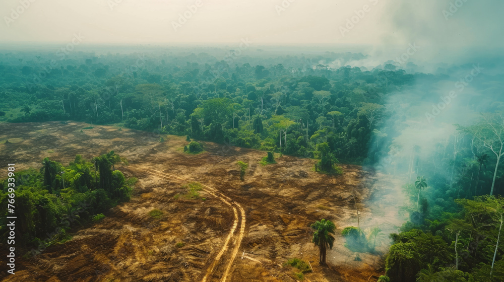 Deforestation. Aerial view of a forest being cleared, showing patches ...