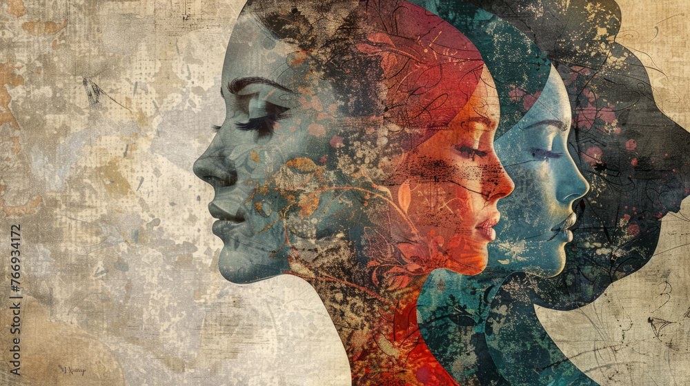 Artistic representation of multiple female profiles overlapping ...