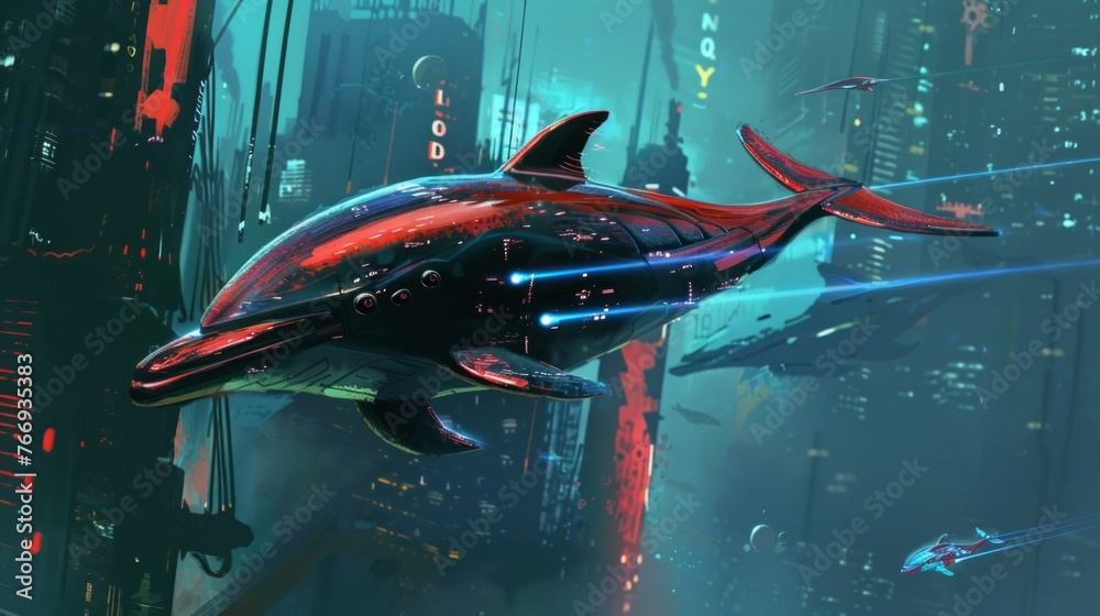 A futuristic 3D animation presenting a highly-detailed robotic dolphin ...