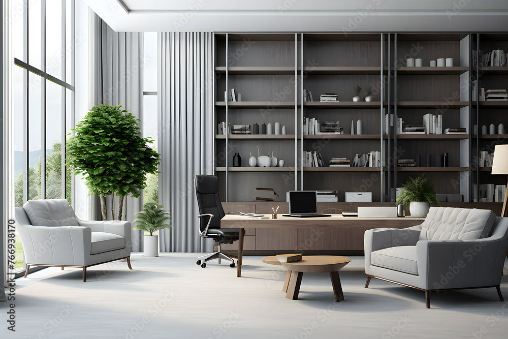 Modern loft office with high ceiling, gray brick wall, designer leather ...