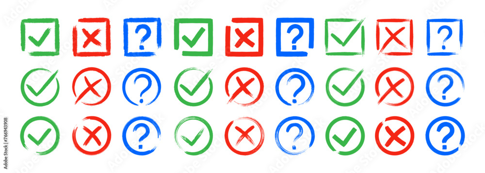 Vetor de Dirty grunge cross x, tick OK and question check marks in ...