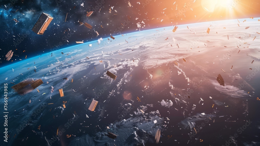 This 3D illustration depicts the growing issue of space junk swirling ...