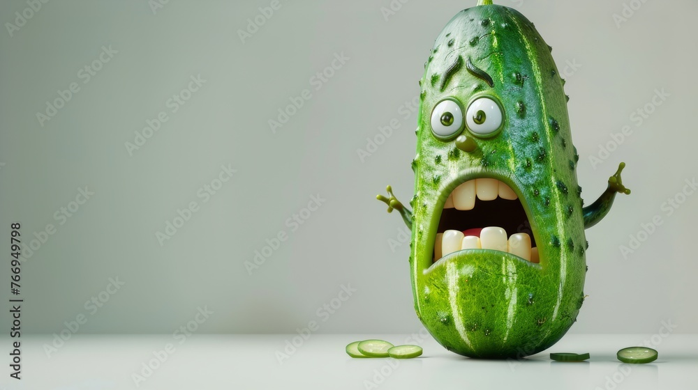 Cartoon cucumber character with a shocked expression, wide eyes on a ...
