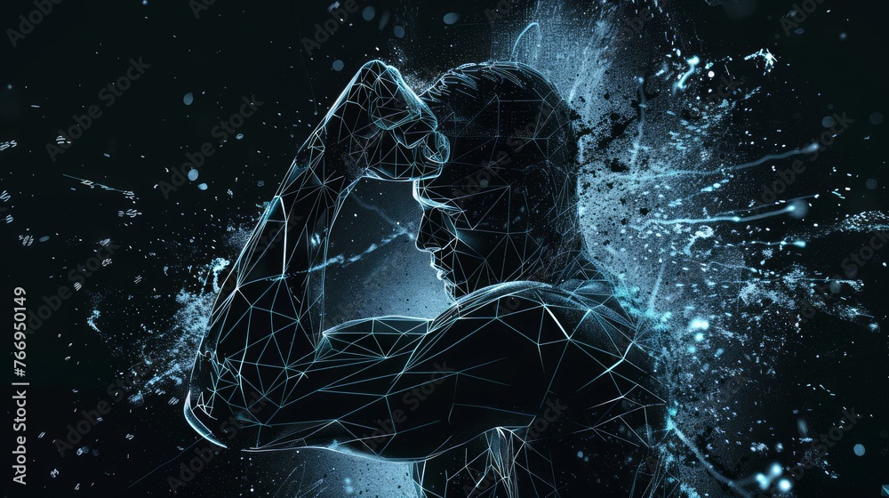 A digital human silhouette outlined with network connections in blue ...