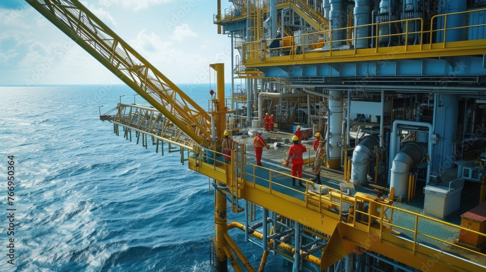 The naval architecture of an oil rig floating in the vast ocean ...