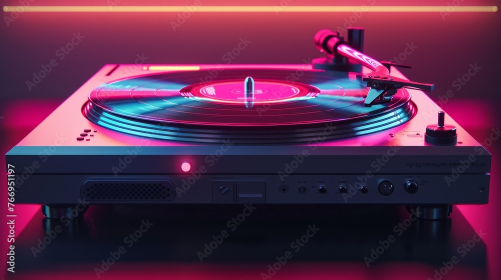 This 3D animation captures a vintage turntable and vinyl record, bathed ...