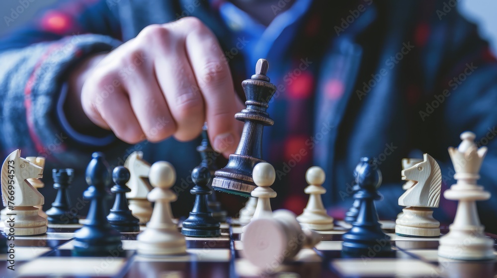 Hand of an unrecognizable man playing chess checkmating his opponent ...