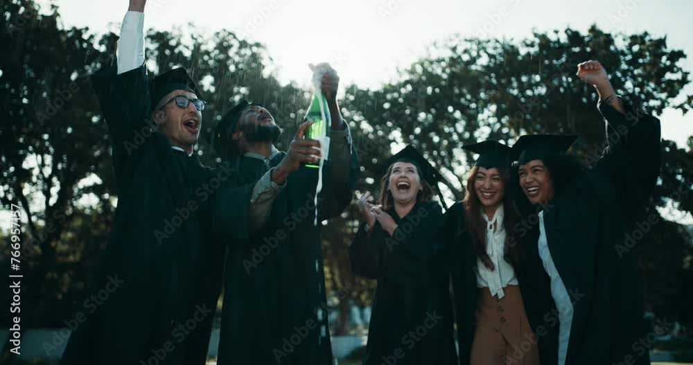 Champagne, graduation party and students celebrate education ...