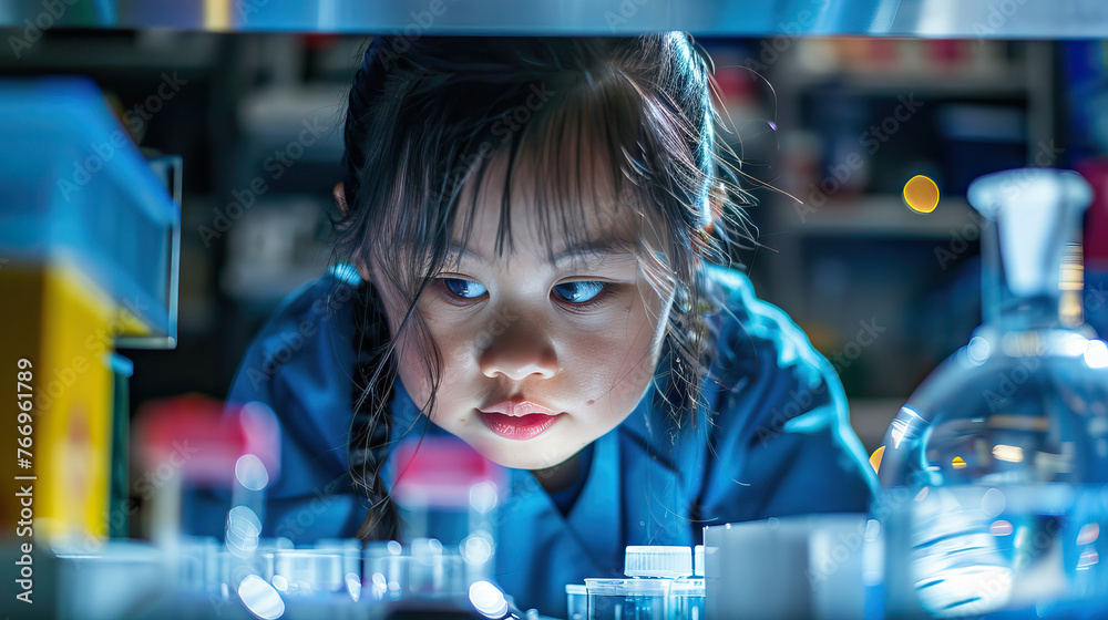 A Pacific Islander girl with Down syndrome expressing curiosity and ...