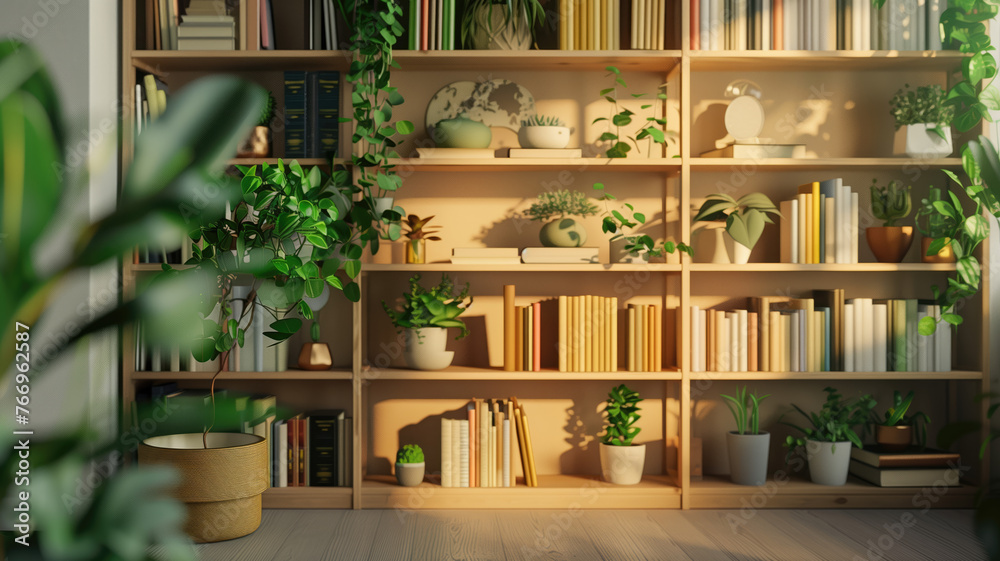 a contemporary style bookshelf adorned with plants that serves as a ...