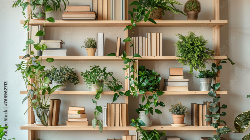 a contemporary style bookshelf adorned with plants that serves as a ...
