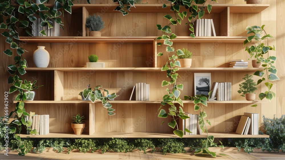 a contemporary style bookshelf adorned with plants that serves as a ...