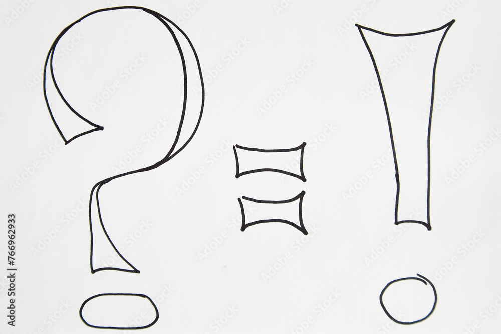 Hand-drawn question and exclamation marks, boldly marked in black on a ...