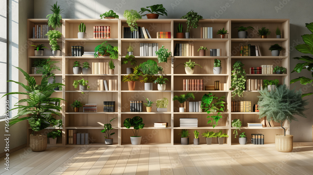 a contemporary style bookshelf adorned with plants that serves as a ...