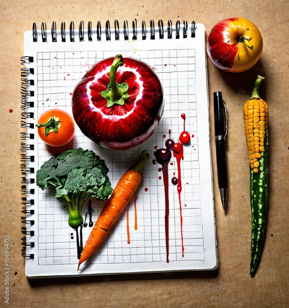A unique art piece showcasing vegetables drawn with ink dripping down a ...