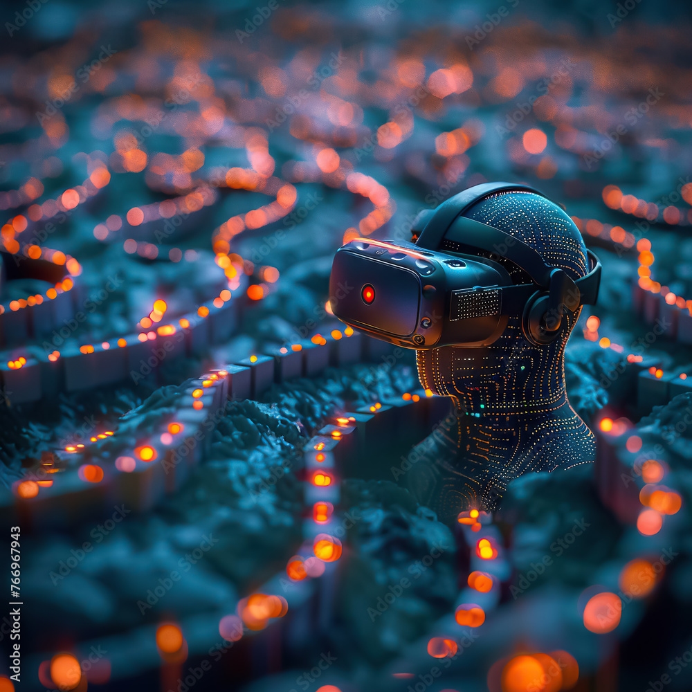 Human, virtual reality headset, navigating through a virtual maze of question marks representing ...