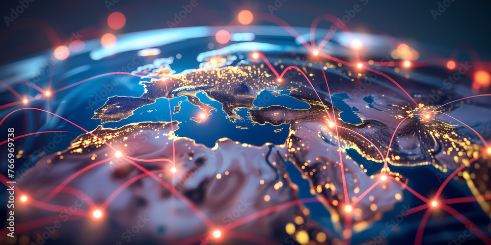 Abstract digital map of Western Europe, North Africa and Middle East ...