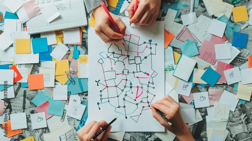 person drawing flowcharts on paper with desk covered in index cards, 16 ...