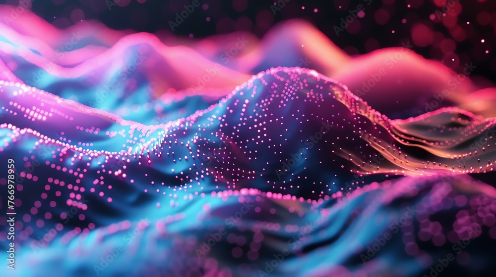 3D rendering of a glowing pink and blue wave. The wave is made up of ...