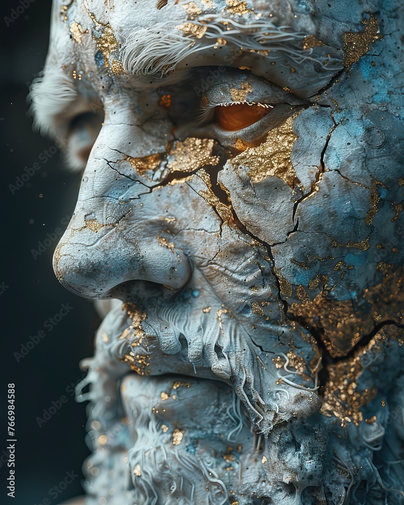 a stone statue portrait of a god like men, the statues face is a bit ...