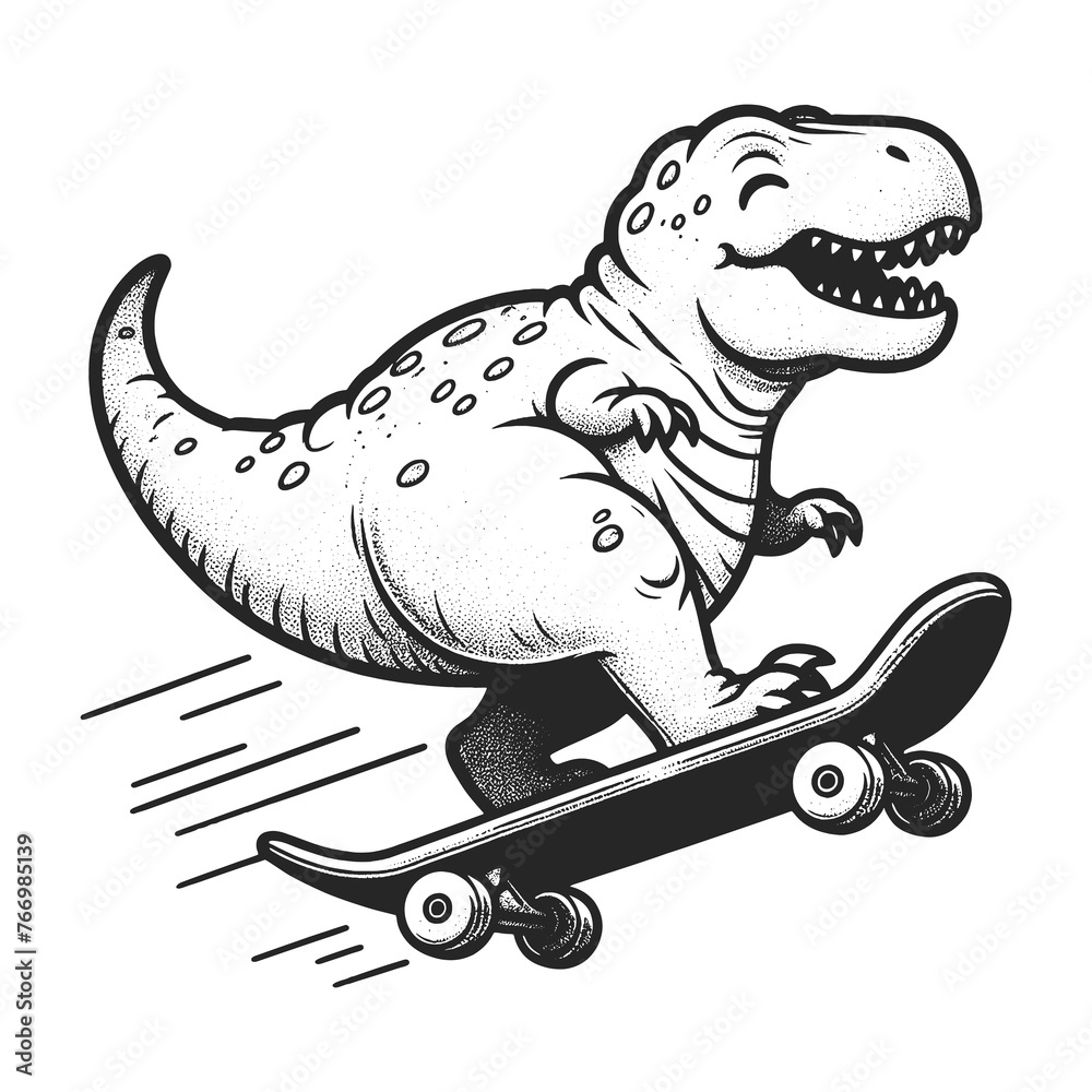 Cartoon dinosaur riding skateboard sketch engraving generative ai ...
