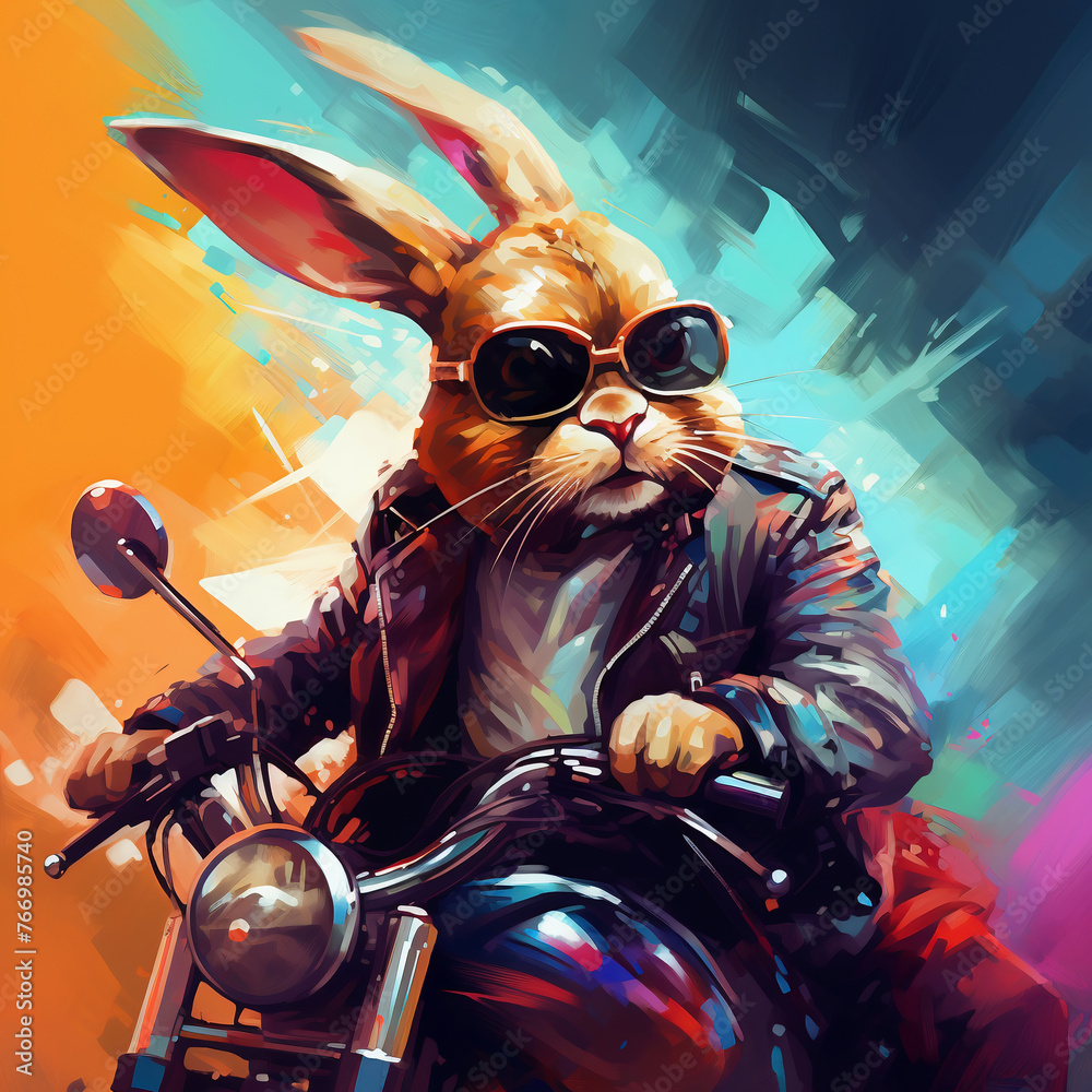Rabbit in leather jacket and sunglasses sitting on a motorcycle. Animal ...
