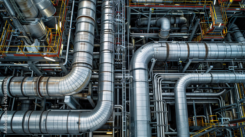 A large industrial pipe system with many different pipes and tubes. The pipes are silver and ...