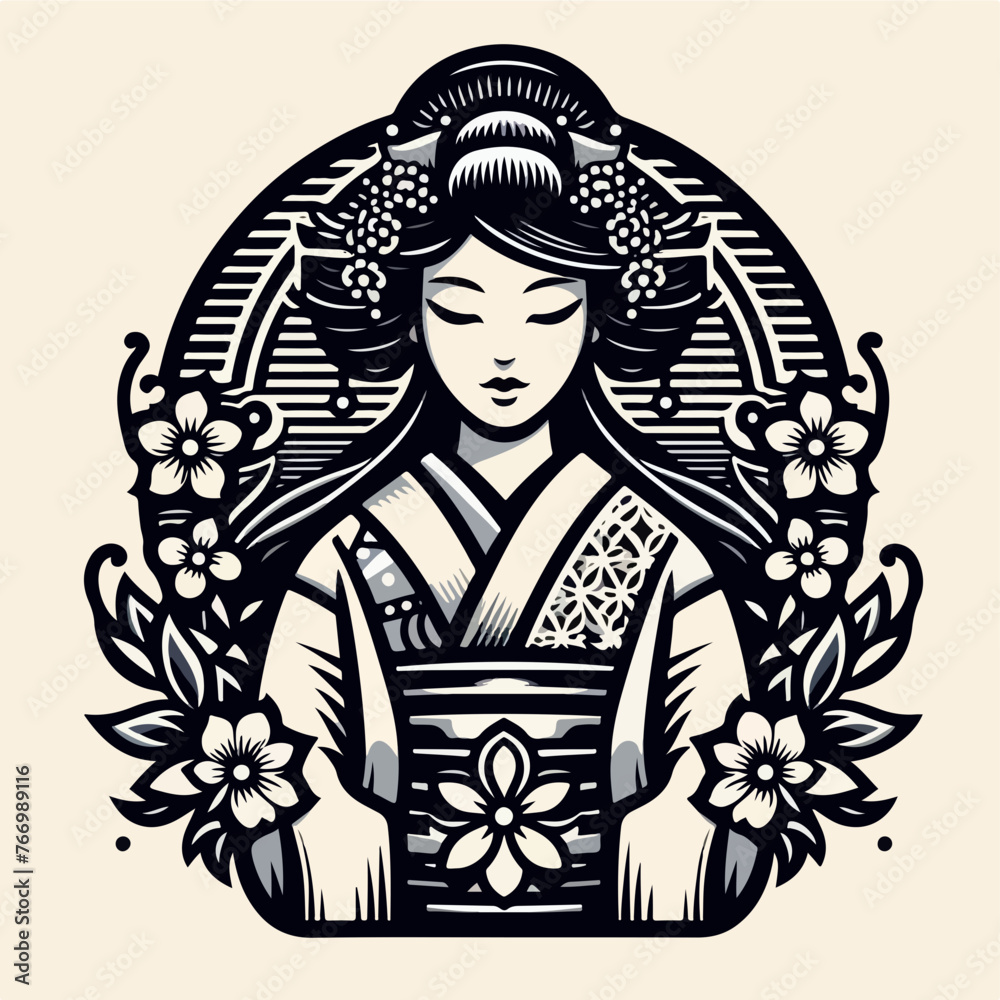 Vetor de Vector cartoon illustration girls in Japanese traditional ...