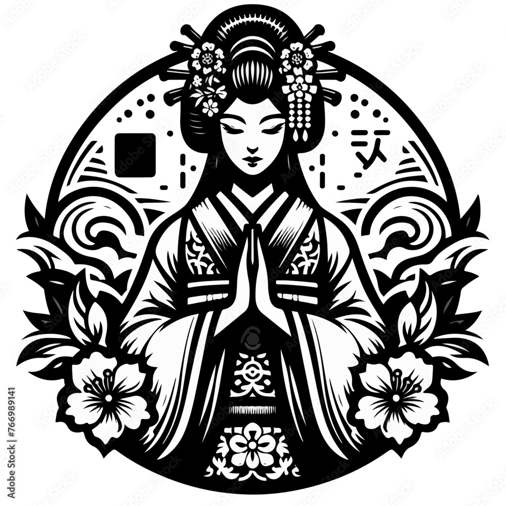 Vector cartoon illustration girls in Japanese traditional costume ...