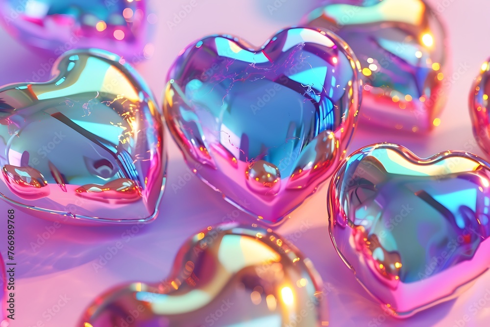 Holographic hearts. Fluid liquid chrome heart shape. 3d y2k hologram ...