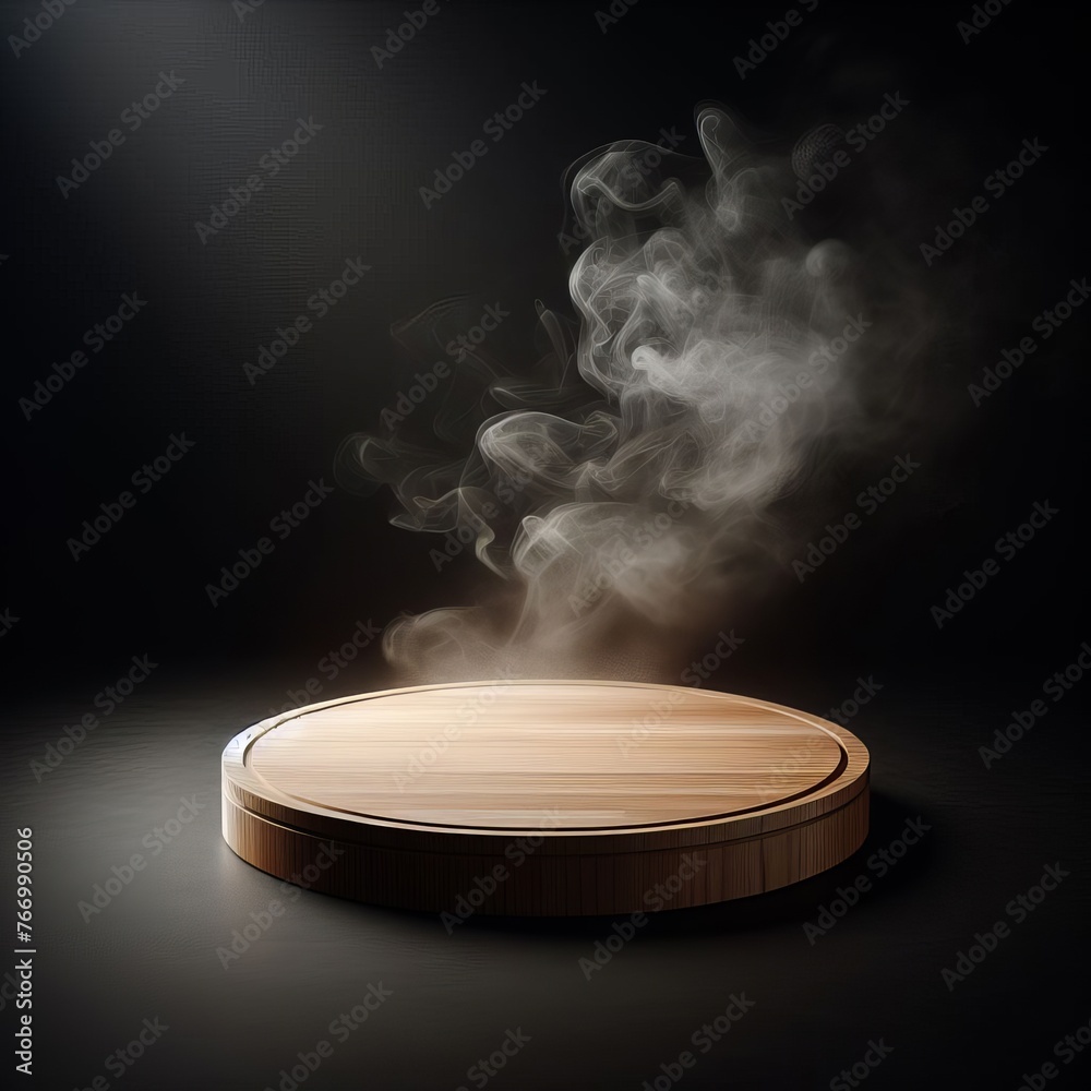 A soft cloud of mist hovers above a polished circular wooden display ...