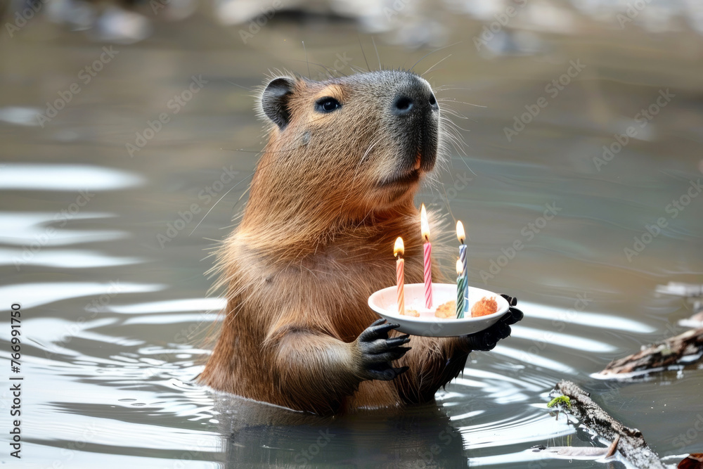 A brown capybara is holding a white plate with three candles. The scene ...