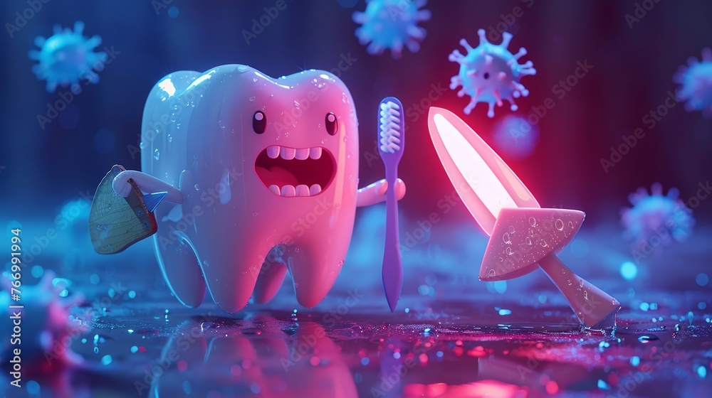 Create a detailed image of a tooth character holding a shield and sword ...