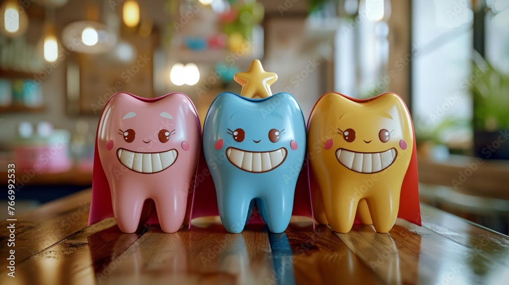 an image of three tooth characters on a dental clinic counter, wearing ...